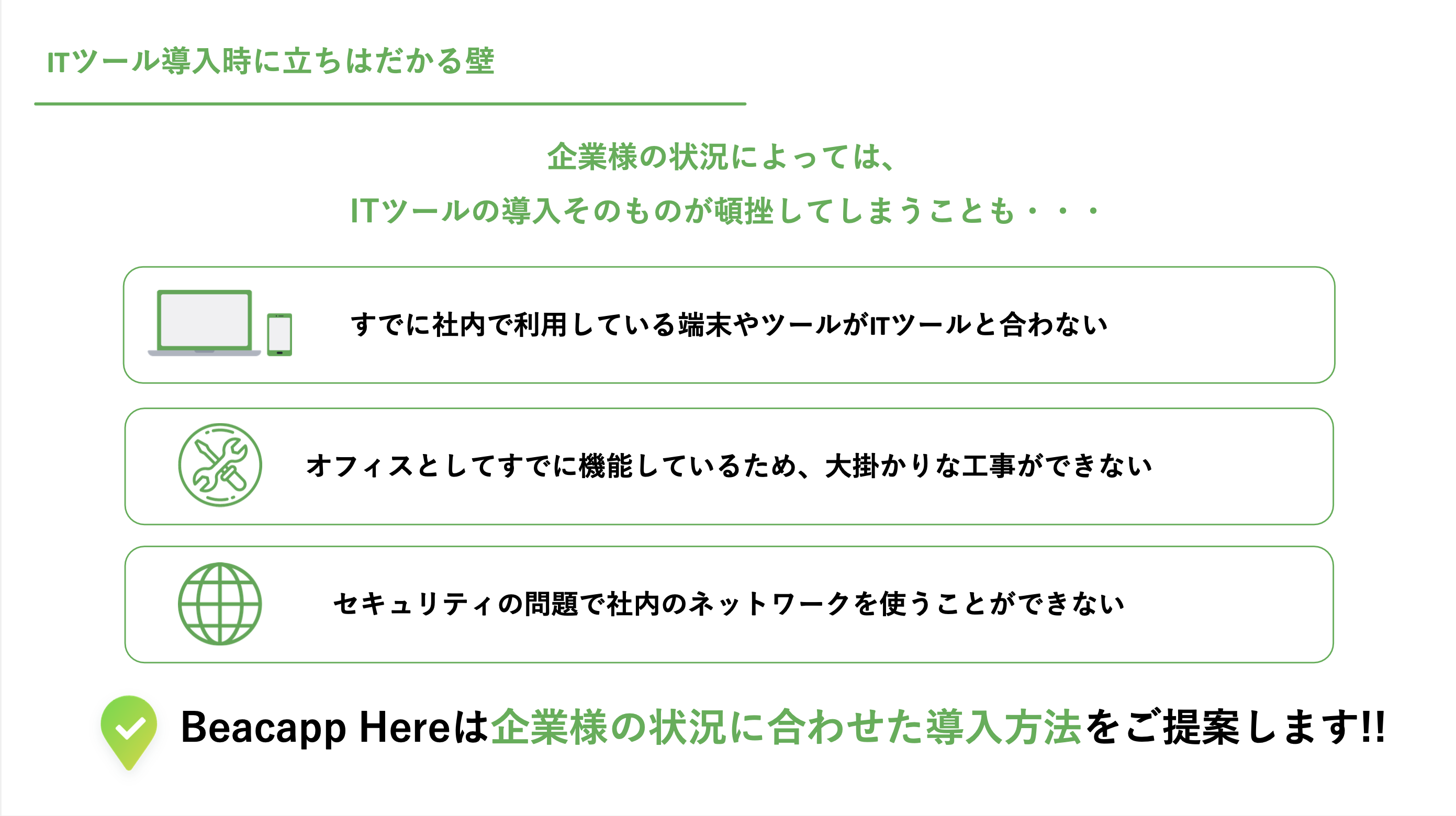 Beacapp Hereでは、導入企業様の環境に合わせた3つの導入方法をご提案しています。